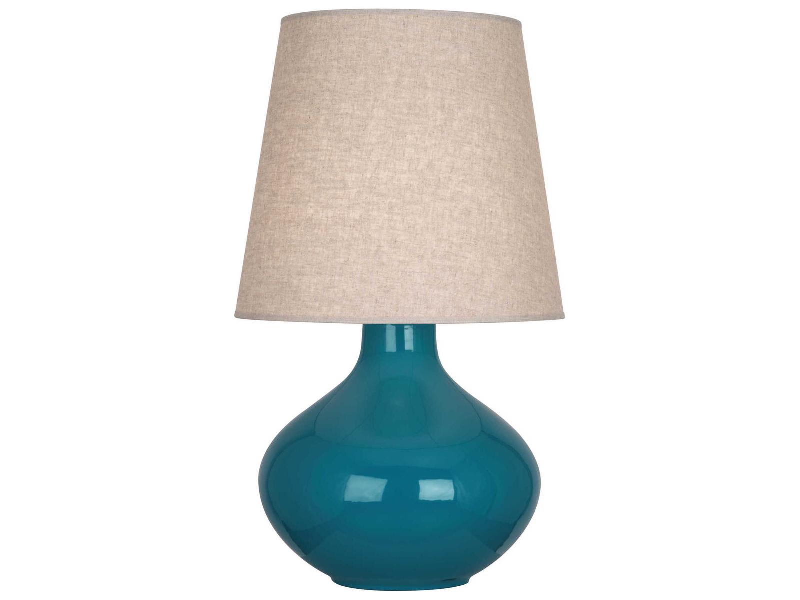 Robert Abbey June Blue Glazed Ceramic Buffet Table Lamp with Buff Linen ...